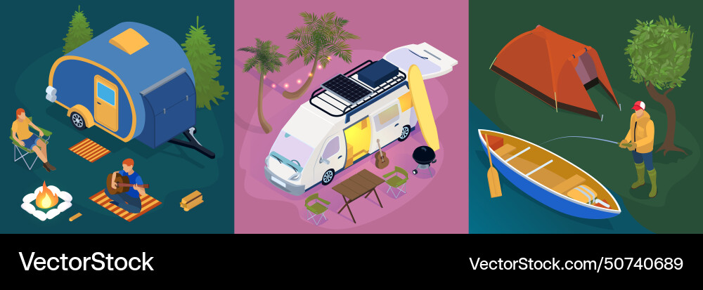 Isometric trailer park design concept set Vector Image