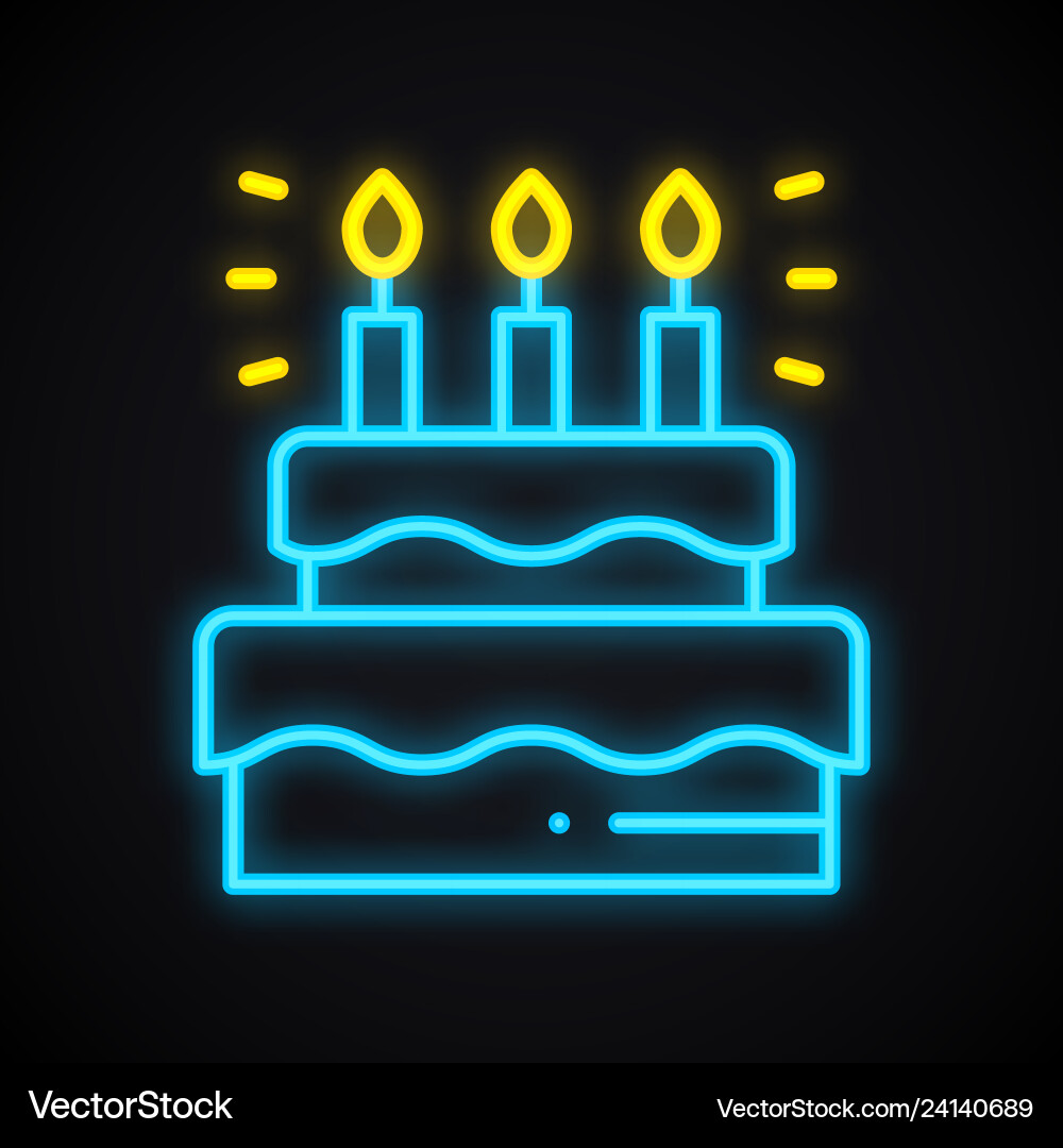 Neon cake sign with candles light sweets pie Vector Image