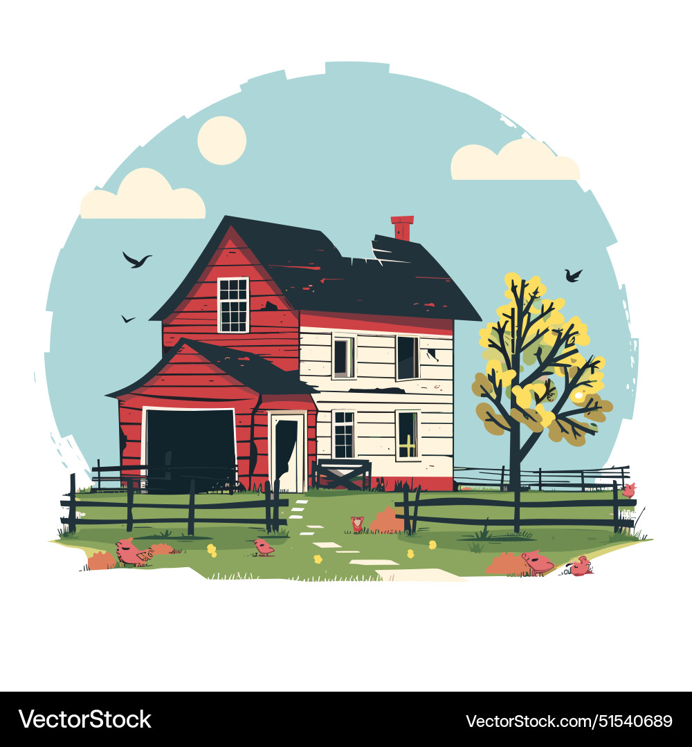 Red farmhouse surrounded green grass under blue Vector Image