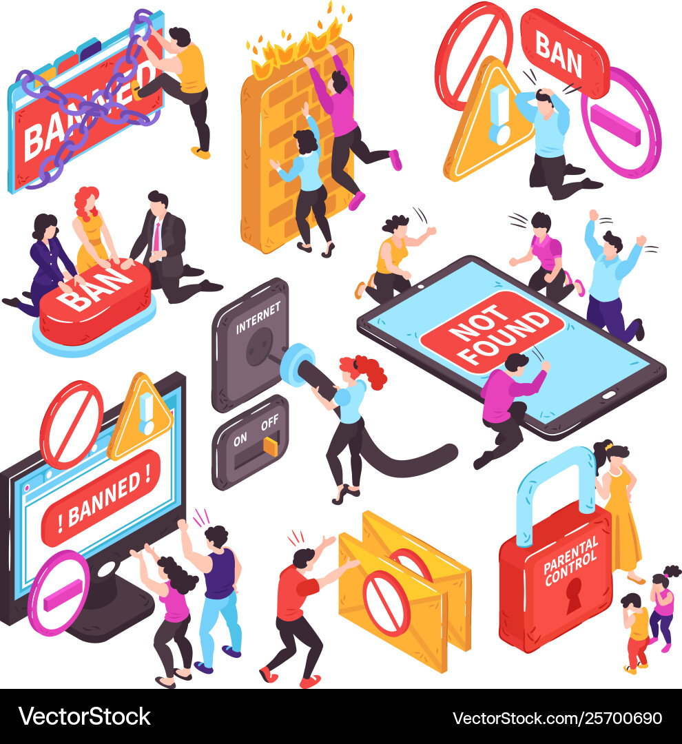 Blocked website isometric set Royalty Free Vector Image
