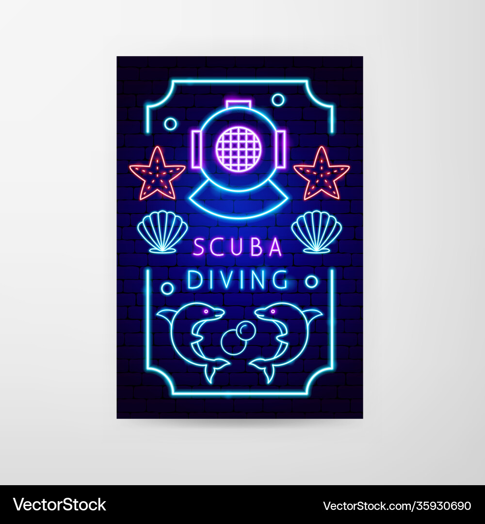 Scuba diving neon flyer Royalty Free Vector Image