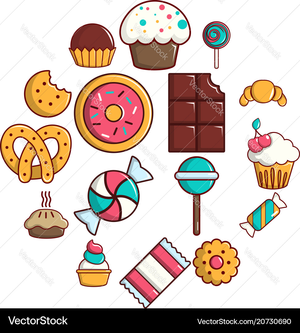 Sweets candy cakes icons set cartoon style Vector Image
