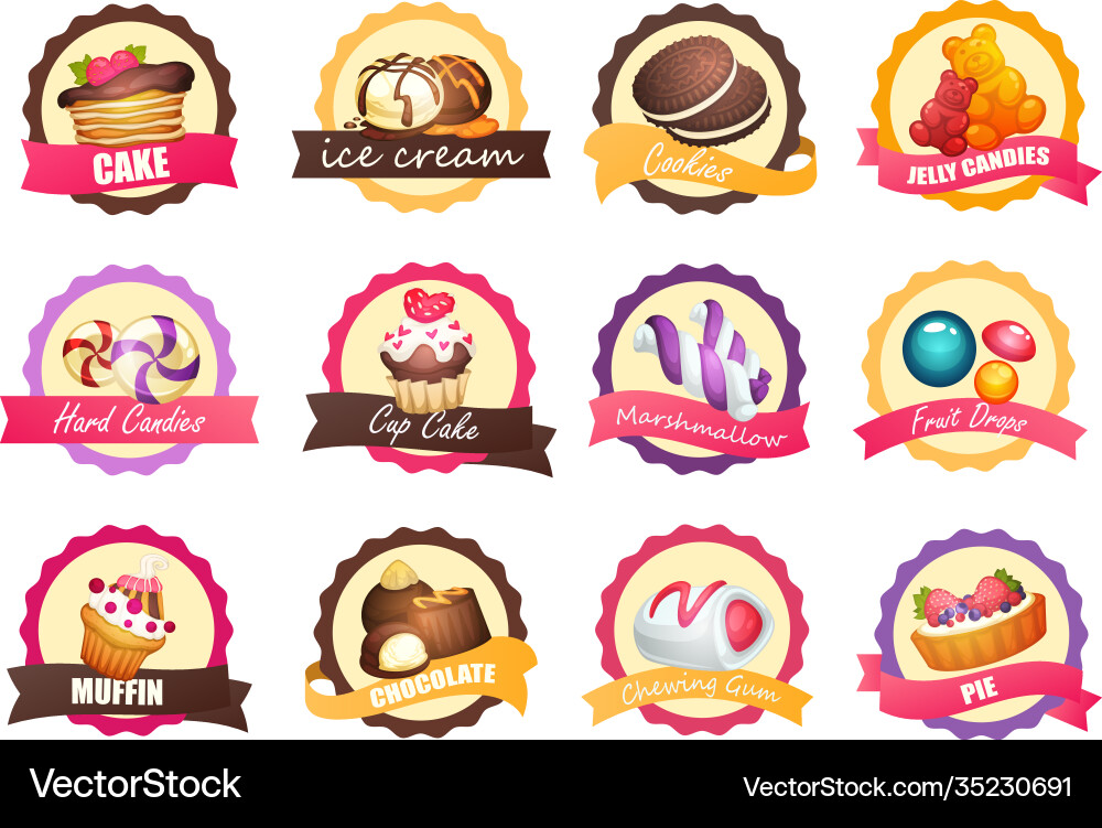 Set logos with various sweets Royalty Free Vector Image