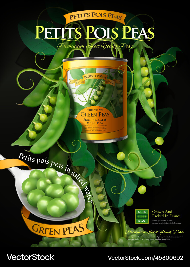 Canned young pea ads poster Royalty Free Vector Image