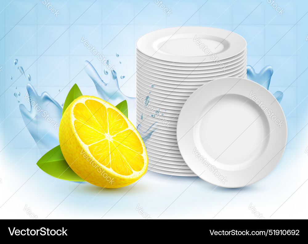 Clean washed plates near lemon fruit Royalty Free Vector