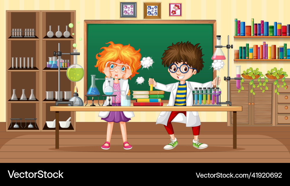 Laboratory scene with scientist children cartoon Vector Image
