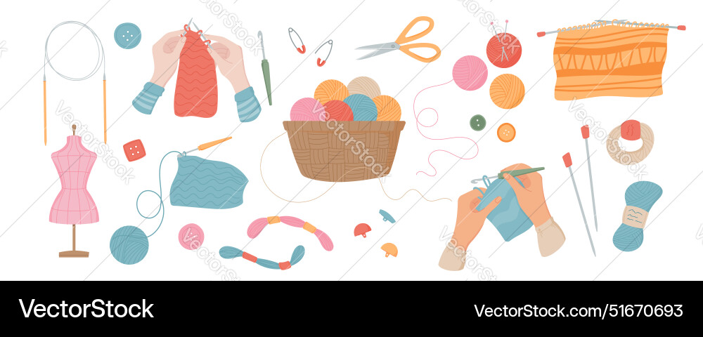 Craft tools set featuring a basket of yarn Vector Image