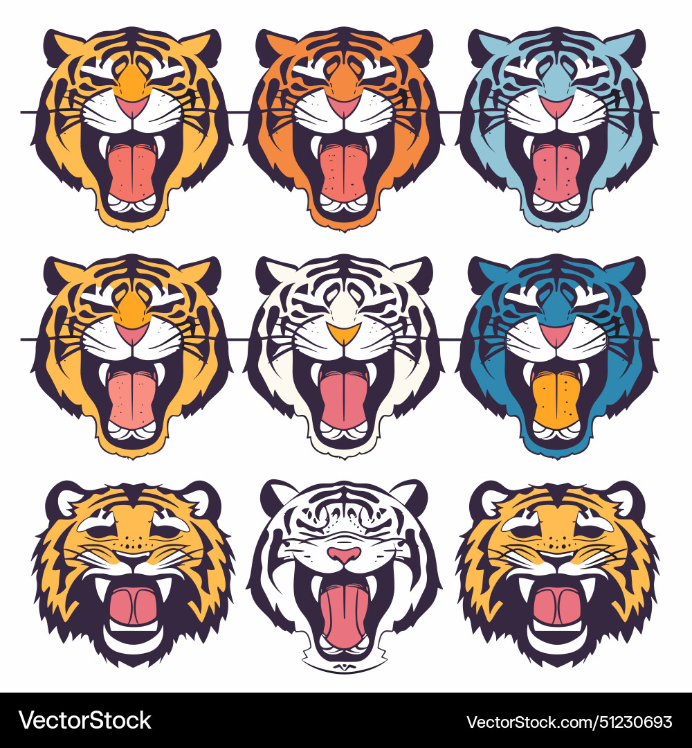 Set nine tiger heads different expressions roaring