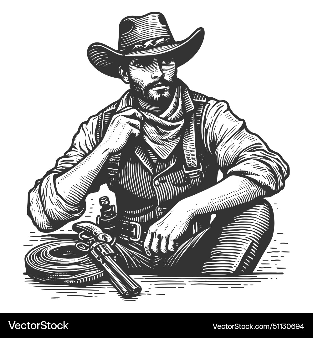 Cowboy with revolver engraving Royalty Free Vector Image