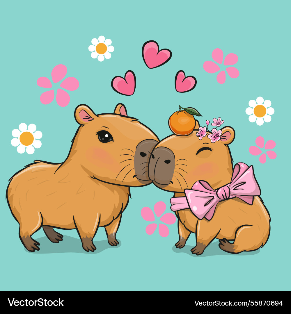 Cute cartoon capybaras on a blue background Vector Image