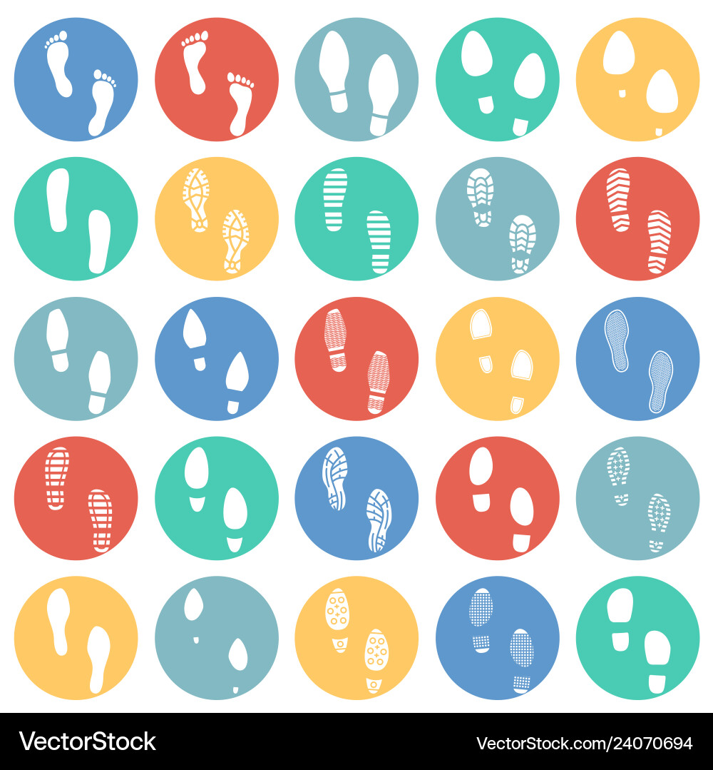 Footprints icons set on color circles white Vector Image