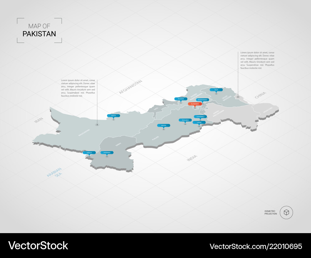 Isometric pakistan map with city names Royalty Free Vector