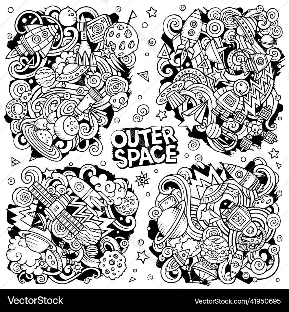 Outer space cartoon doodle designs set Royalty Free Vector