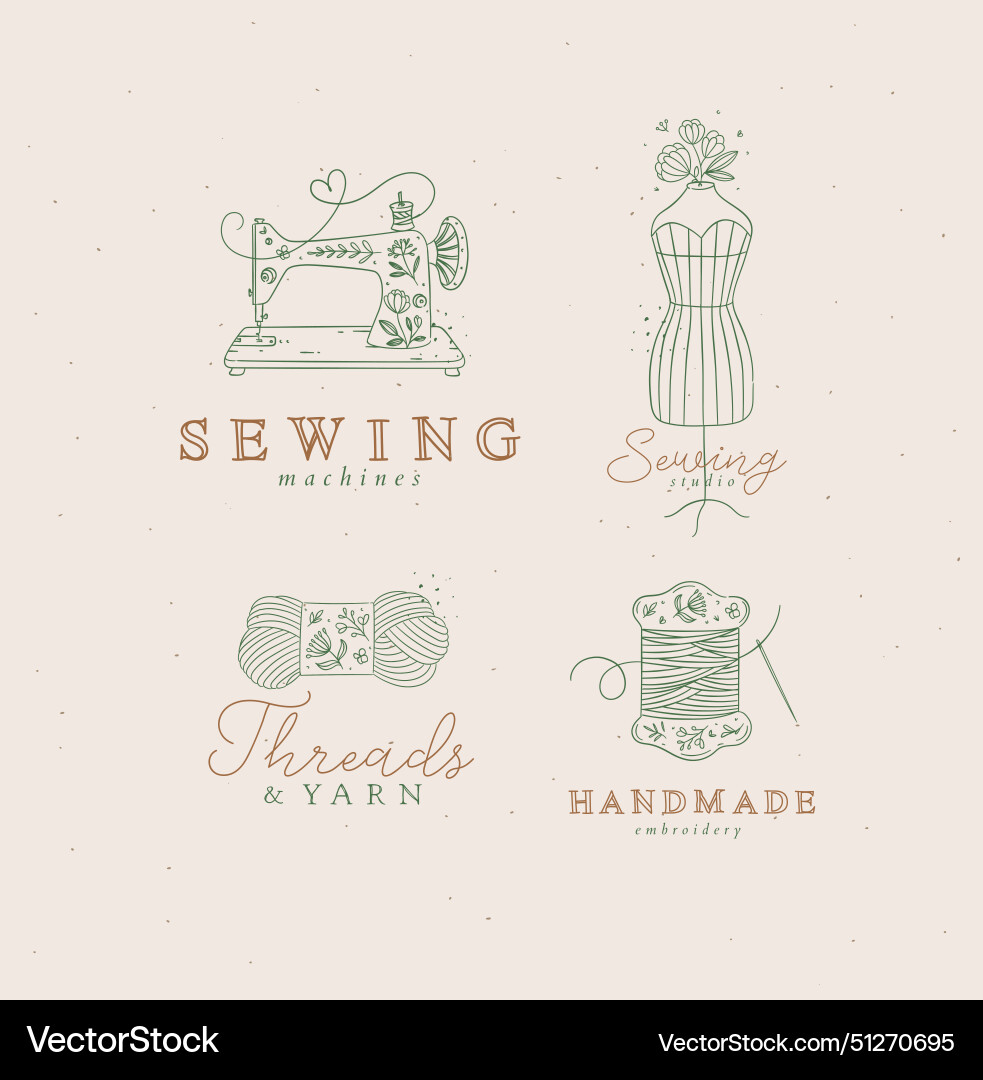 Sewing symbols with lettering green Royalty Free Vector