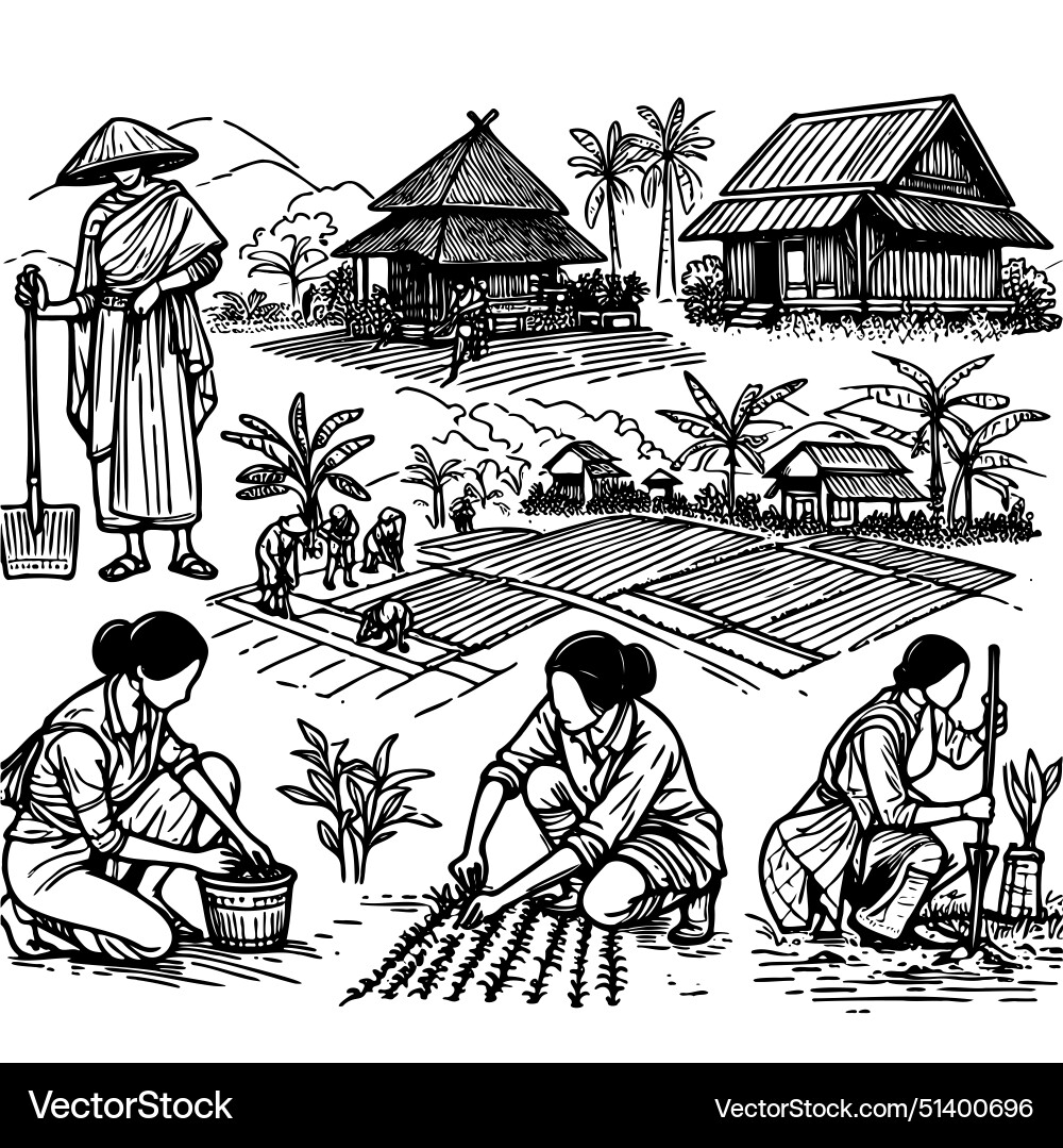 A drawing of people working in field Royalty Free Vector