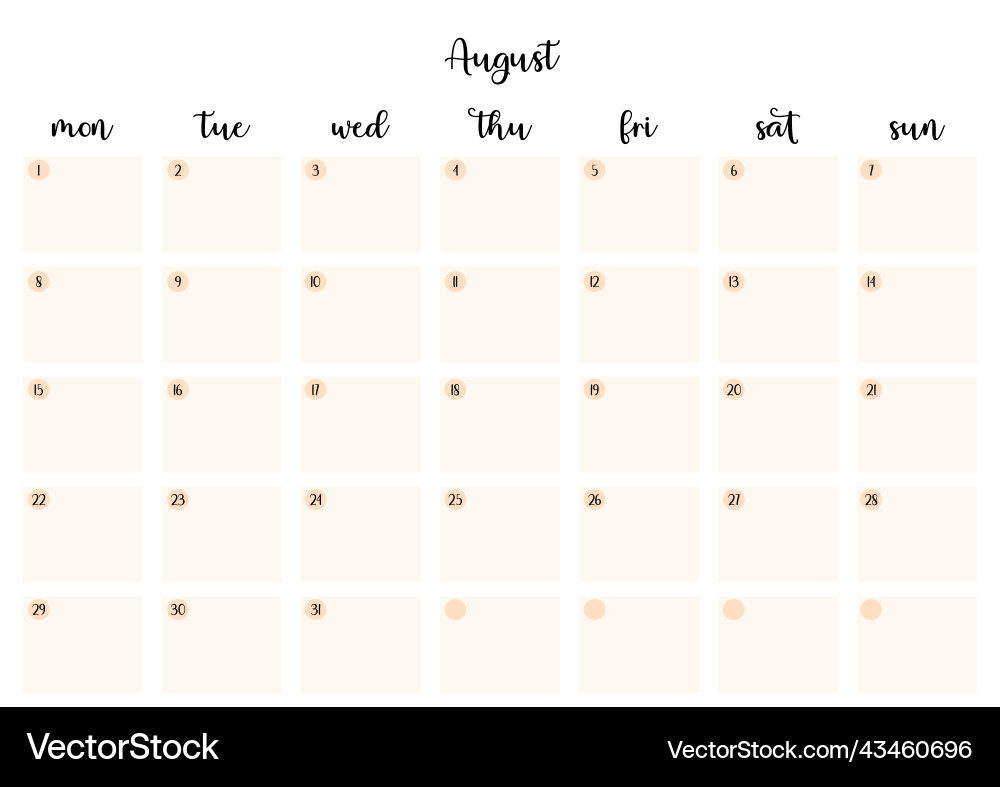 Blank august 2022 a4 printable calendar cute Vector Image