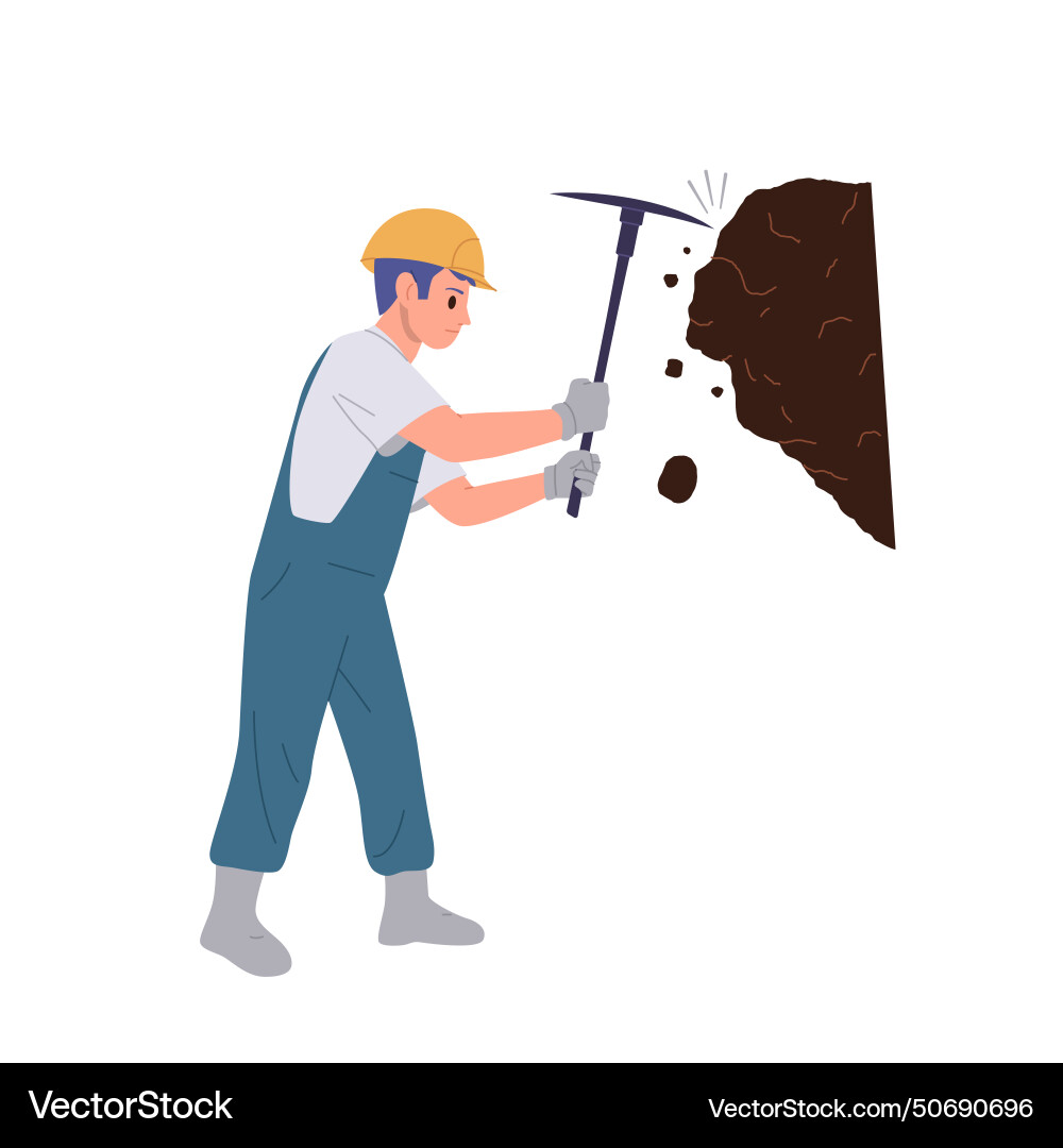 Man miner cartoon character digging coal from rock