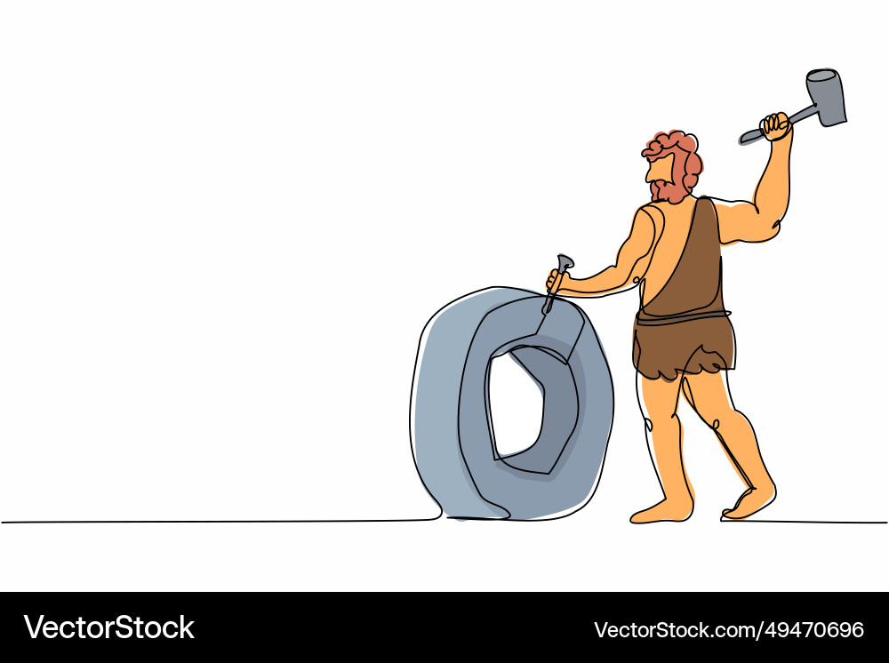 Single one line drawing caveman inventing Vector Image