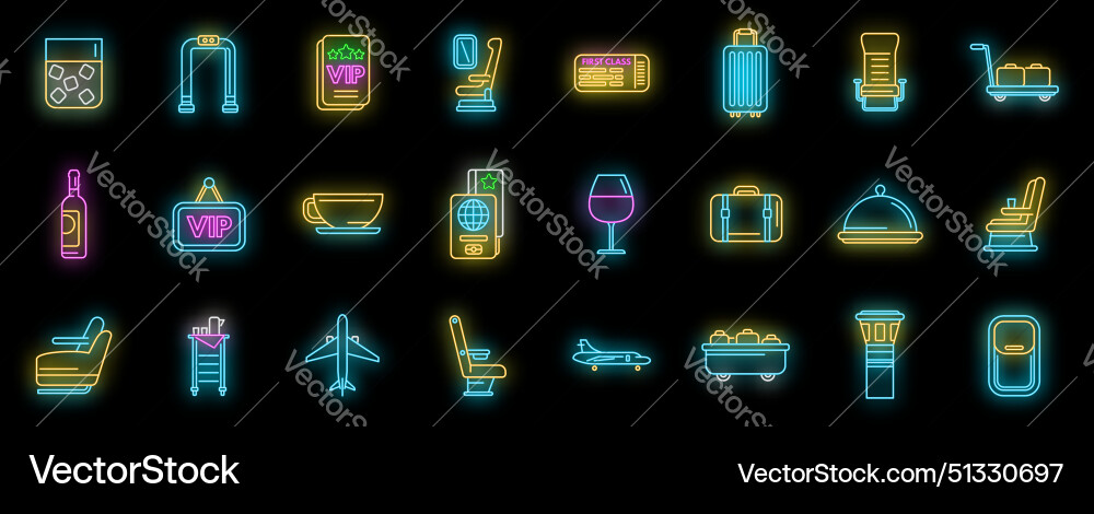 First class travel icons set neon Royalty Free Vector Image