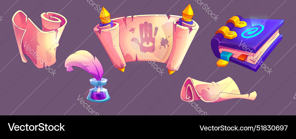 Parchment scrolls and ancient spell book set Vector Image