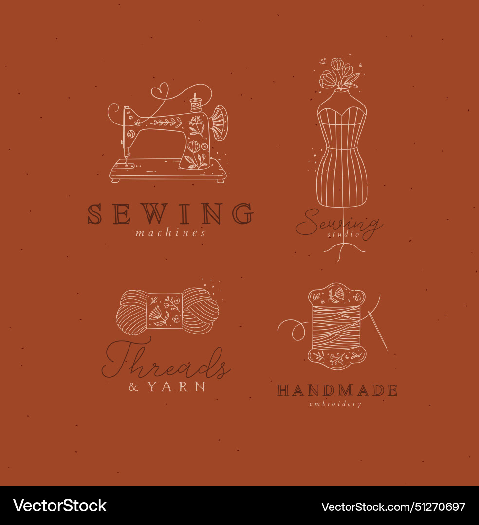 Sewing symbols with lettering mustard Royalty Free Vector