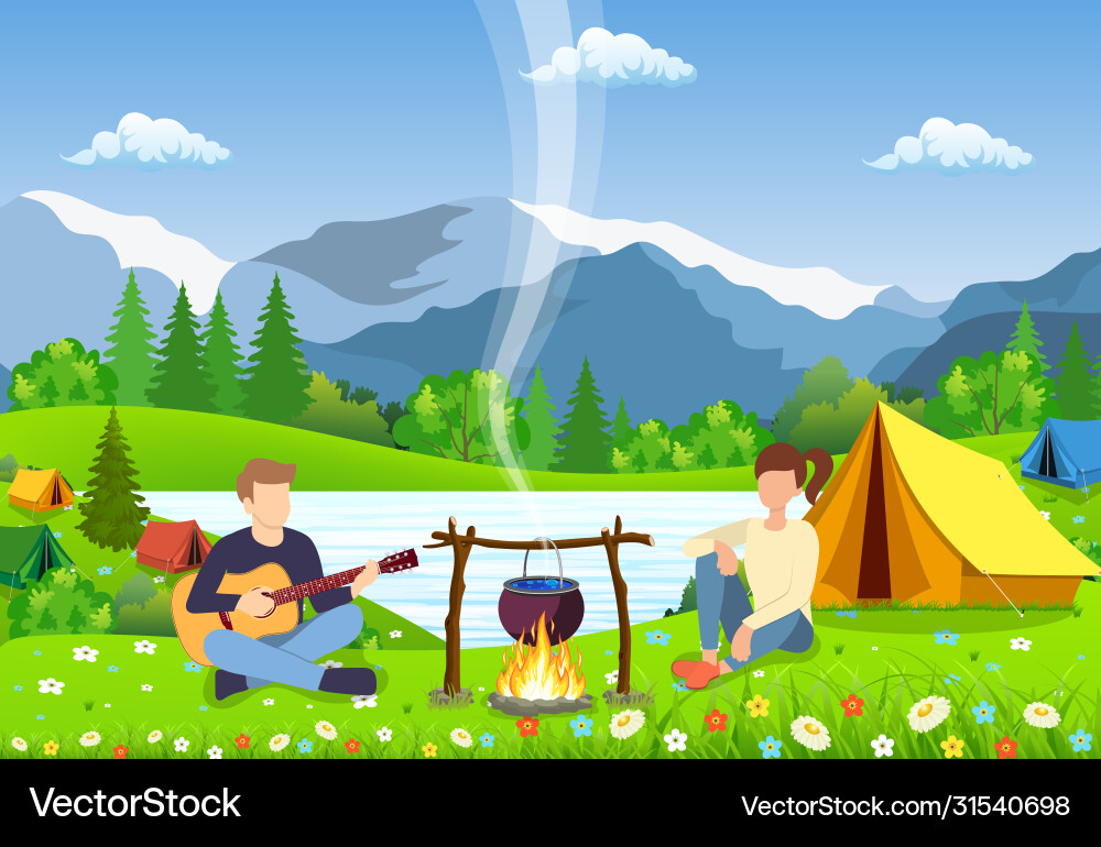 Group young people are sitting around campfire Vector Image