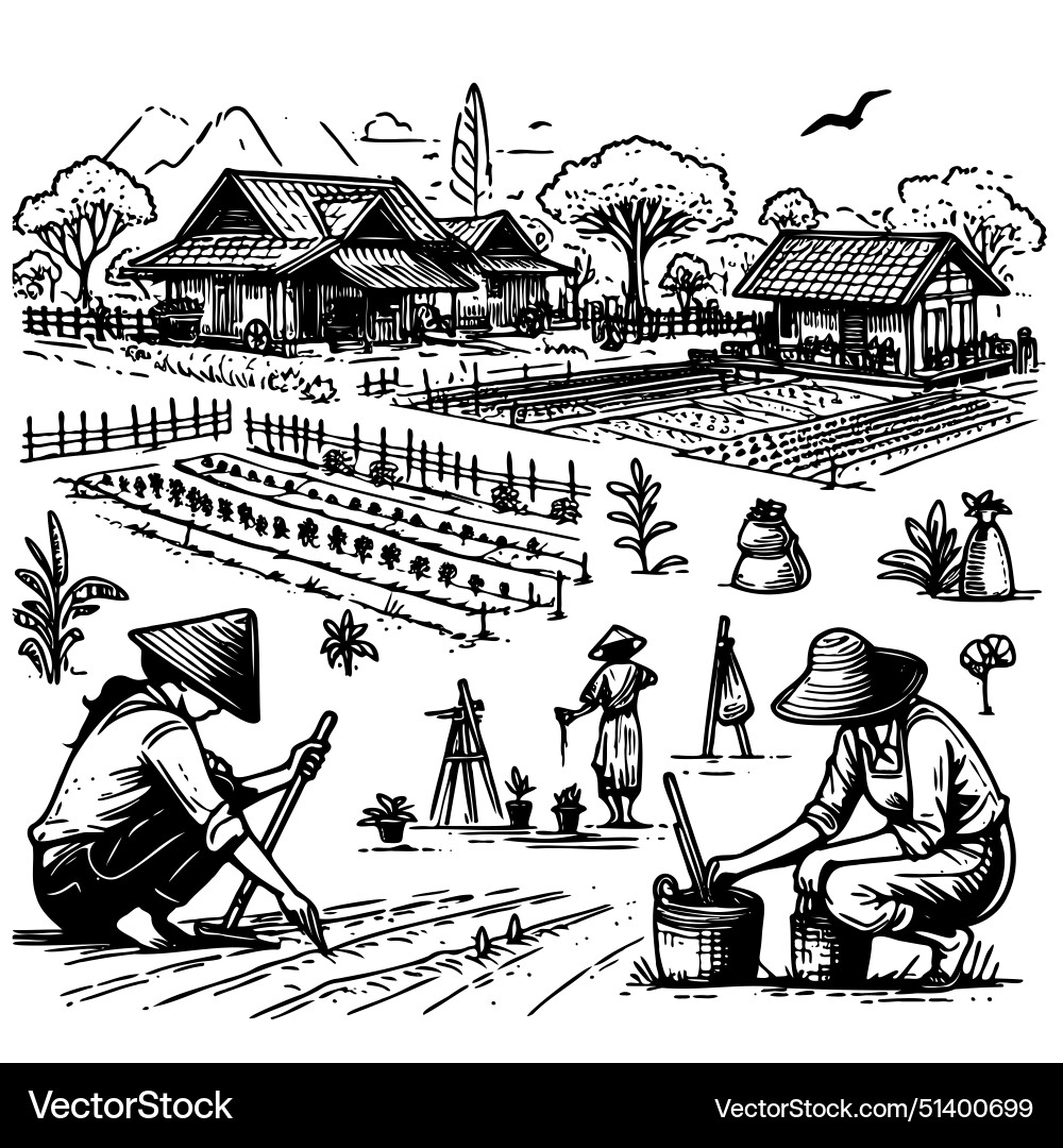 A drawing of farm with people working Royalty Free Vector