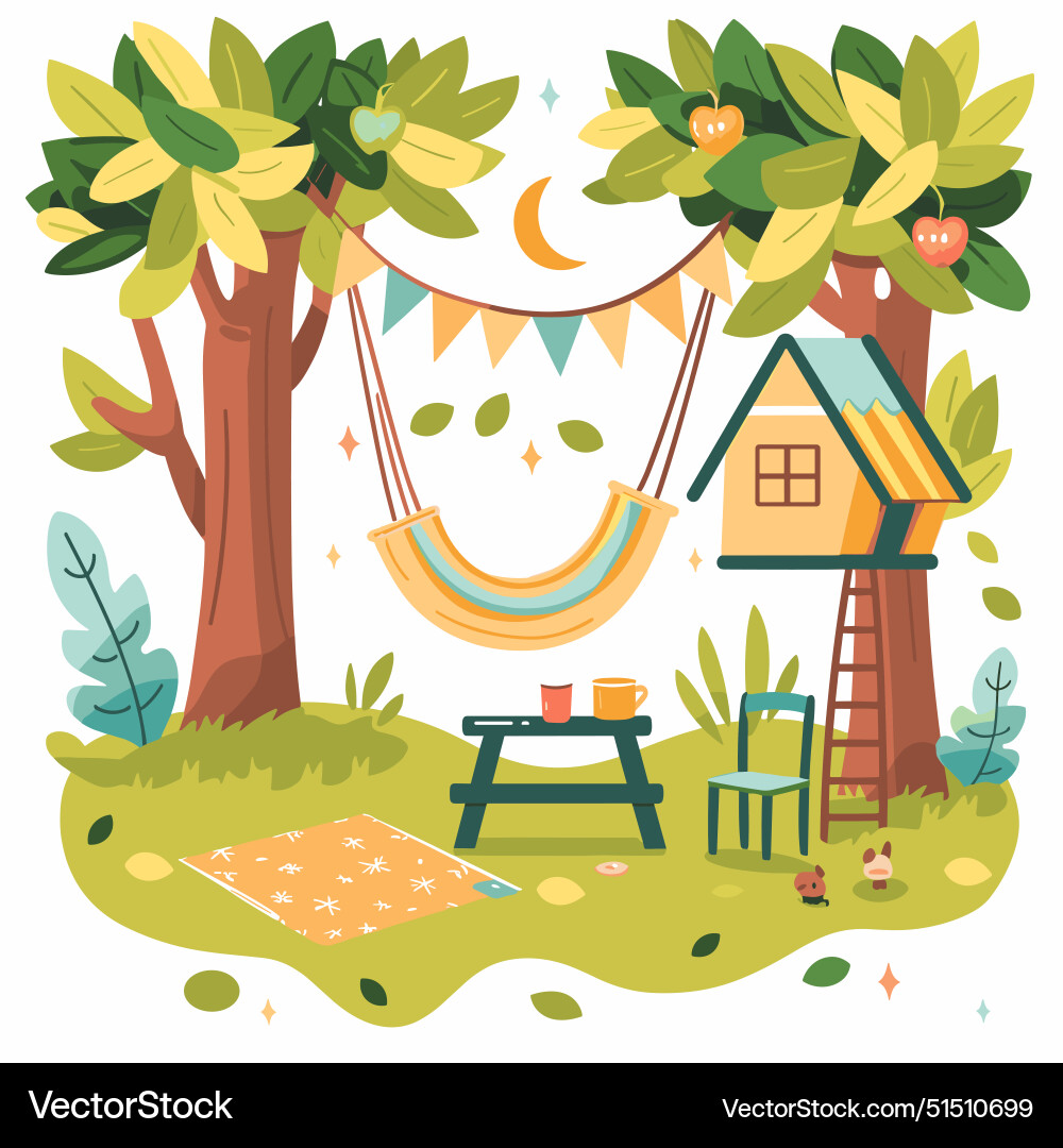 Colorful backyard scene featuring treehouse Vector Image
