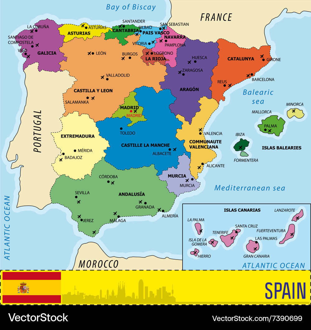 Detailed Map of Spain Royalty Free Vector Image