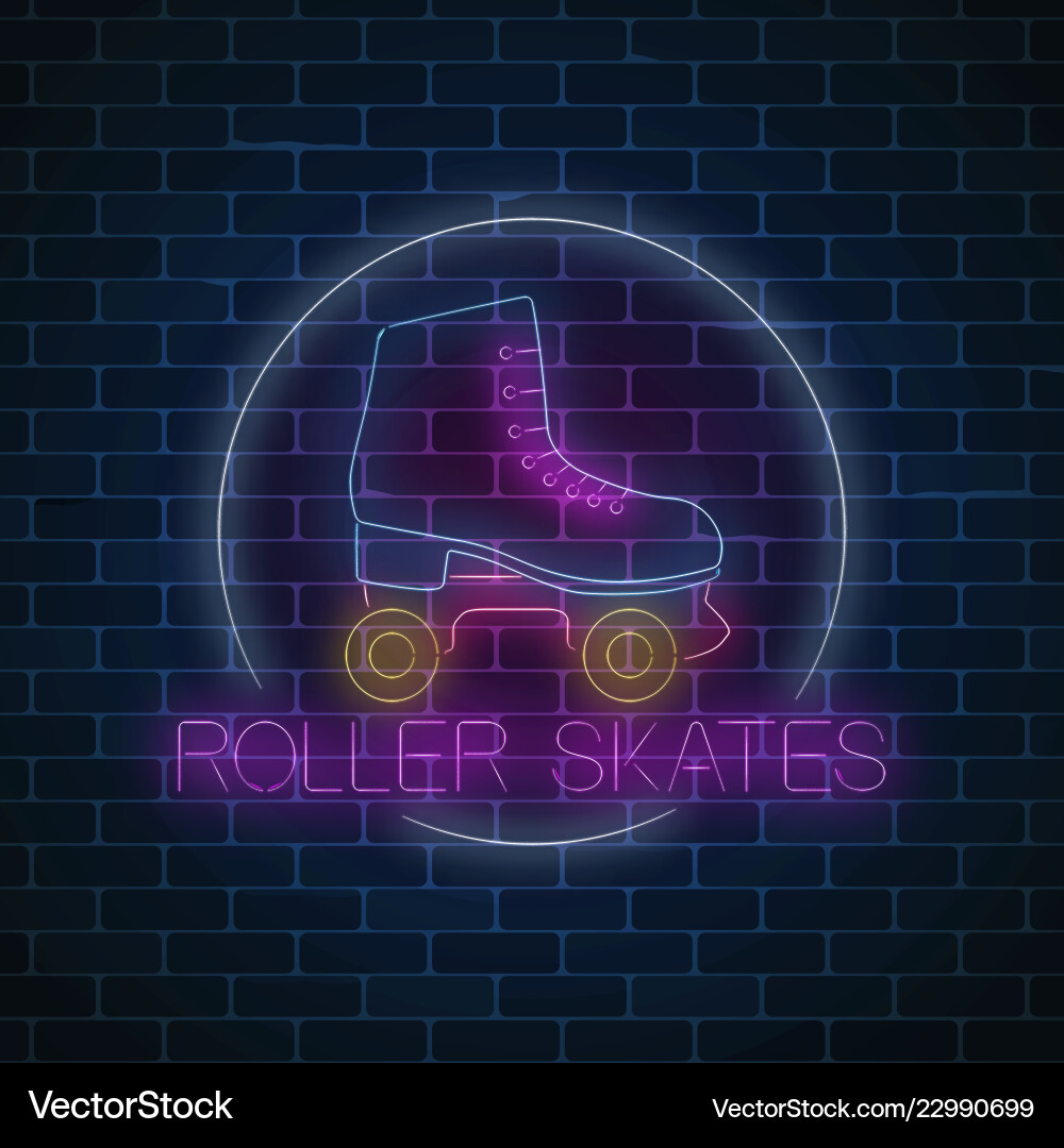 Retro roller skates glowing neon sign in circle Vector Image