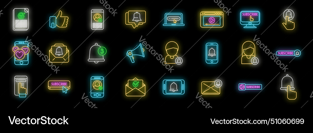Subscribe icons set neon Royalty Free Vector Image