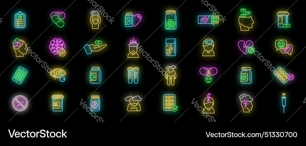 Antidepressant icons set neon Royalty Free Vector Image