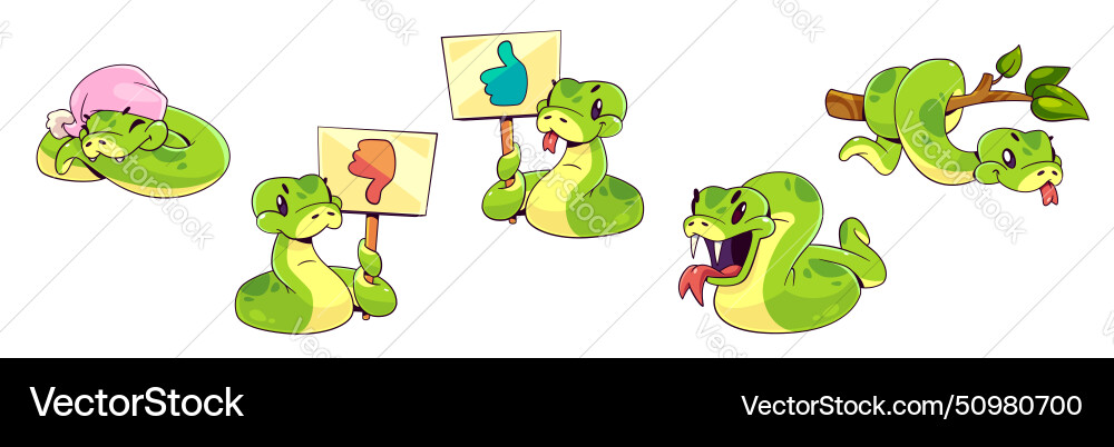 Green snake characters set on white background Vector Image