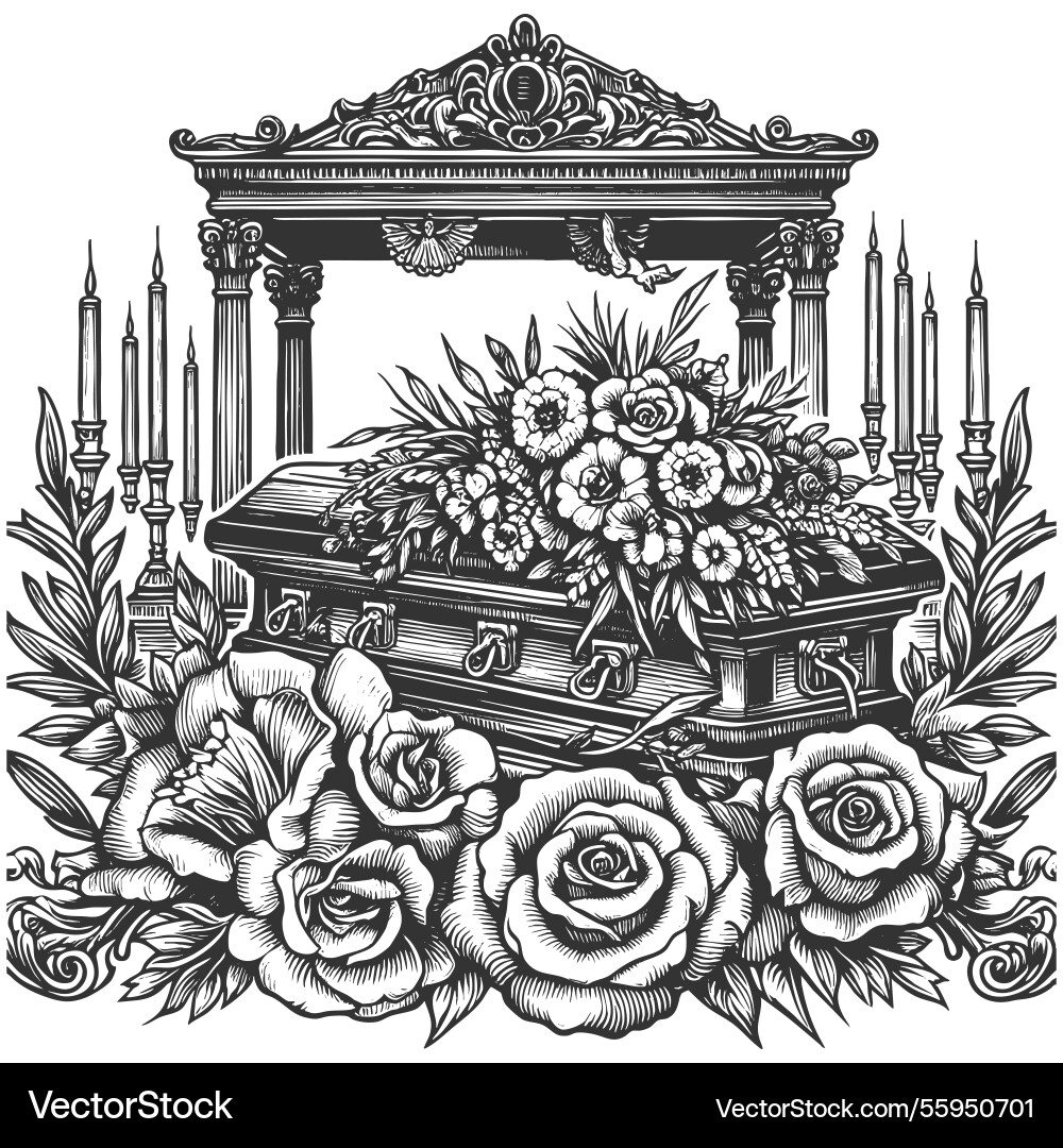 Funeral scene with coffin and flowers Royalty Free Vector