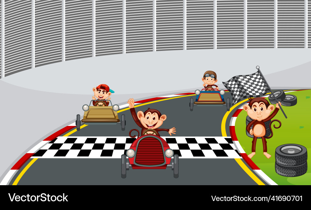 Race track scene with monkey racing drivers Vector Image