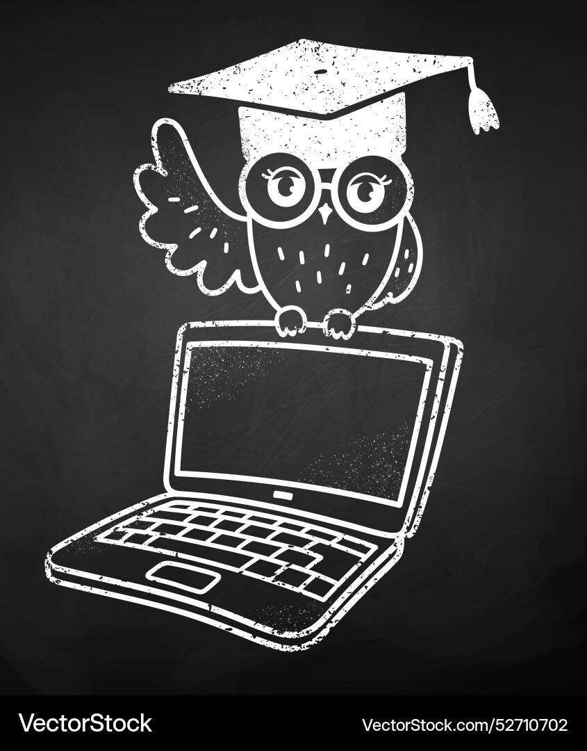 Cute owl character sitting on laptop Royalty Free Vector