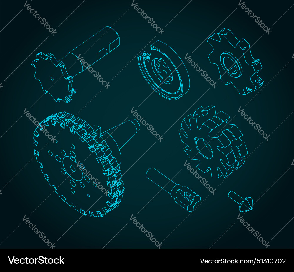 Milling cutters isometric blueprints Royalty Free Vector