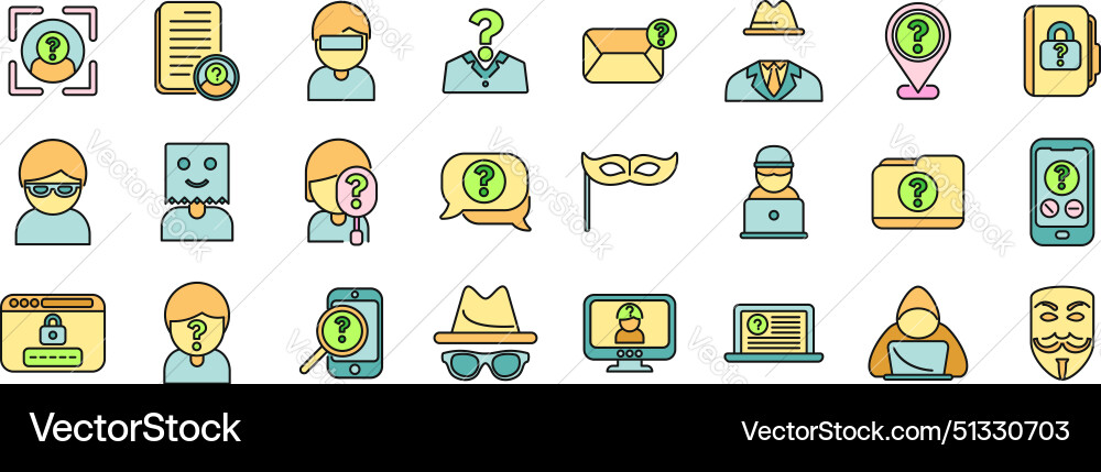 Anonymous icons set color line Royalty Free Vector Image