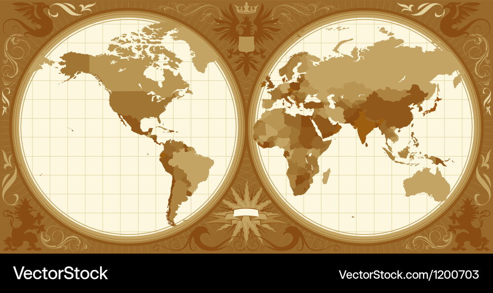World map with retro-styled hemispheres Royalty Free Vector