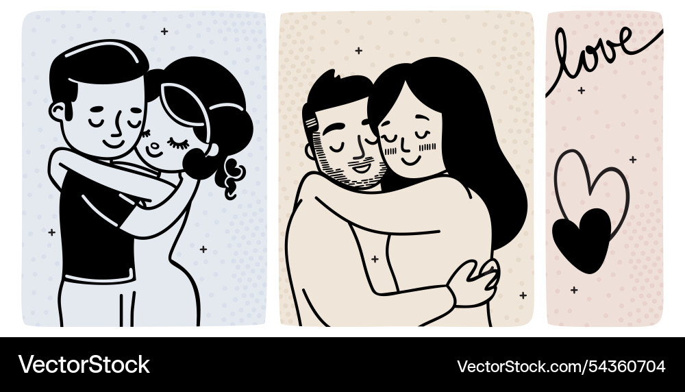 Cute couples hugging doodle set with lettering Vector Image