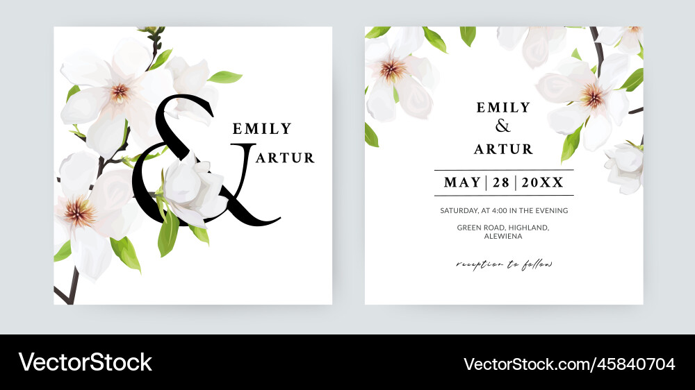 Elegant Wedding Invitation Card With Magnolia Royalty Free Vector