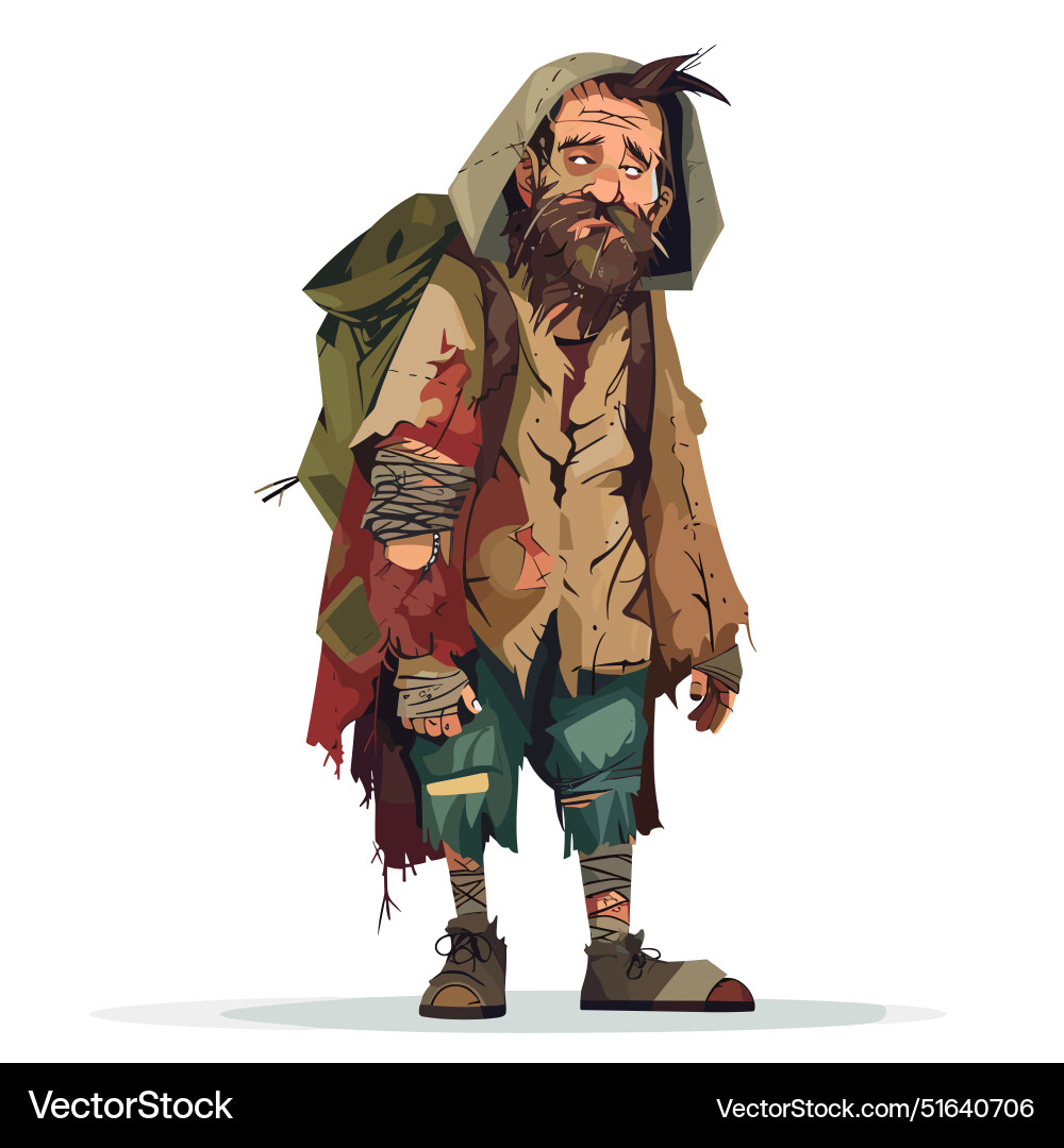 Homeless man cartoon character beard tired Vector Image