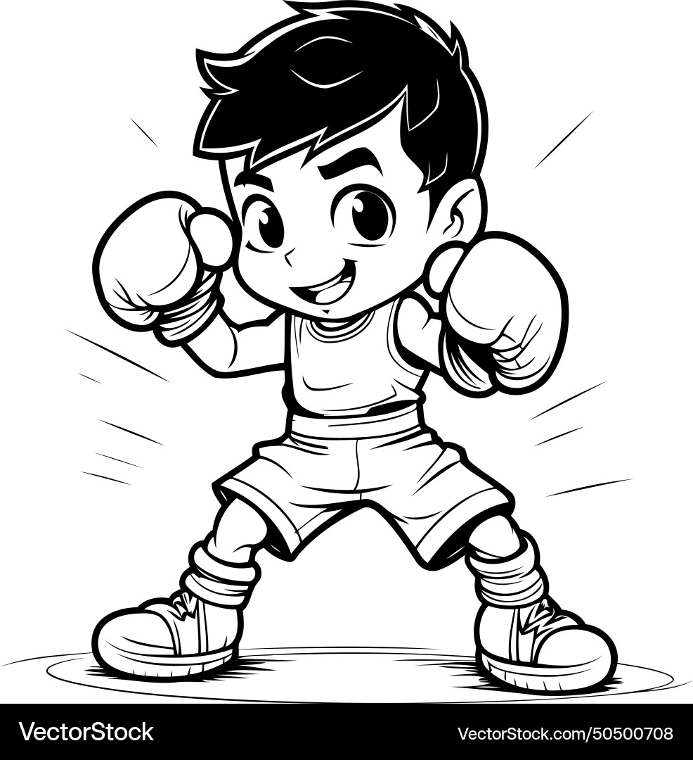 Boxing kid - black and white cartoon art Vector Image