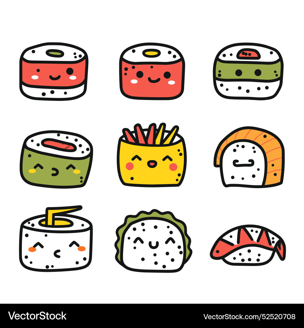 Cute cartoon sushi sashimi characters smiling Vector Image