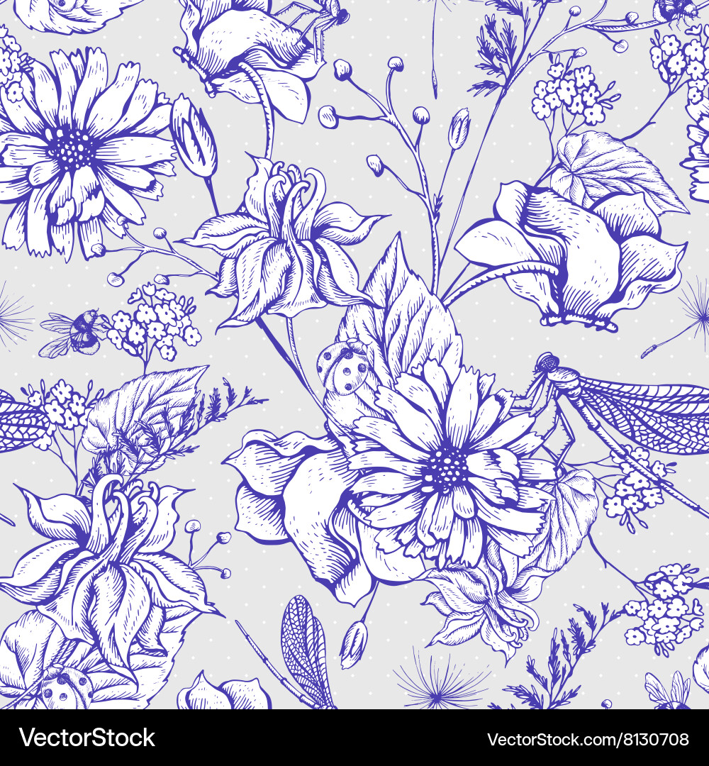 Vintage garden flowers seamless pattern Royalty Free Vector