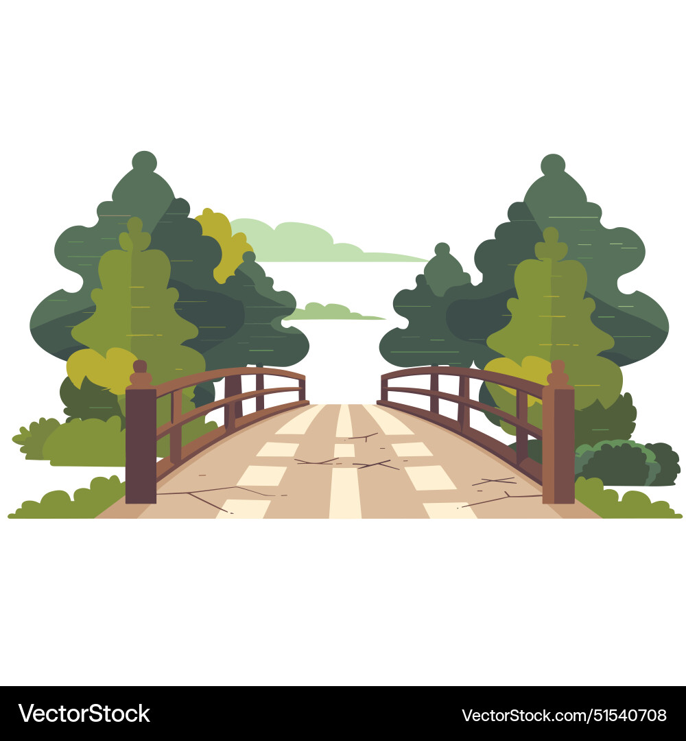 Wooden bridge leading into serene park surrounded Vector Image