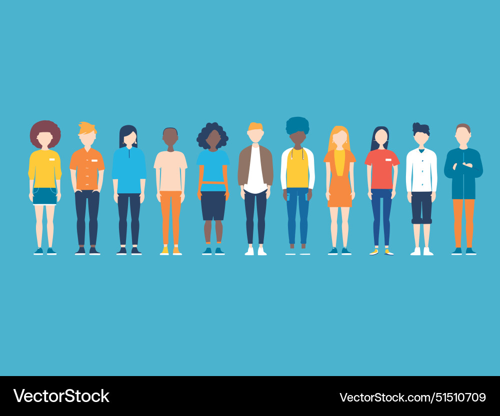 Group diverse flat design characters standing side