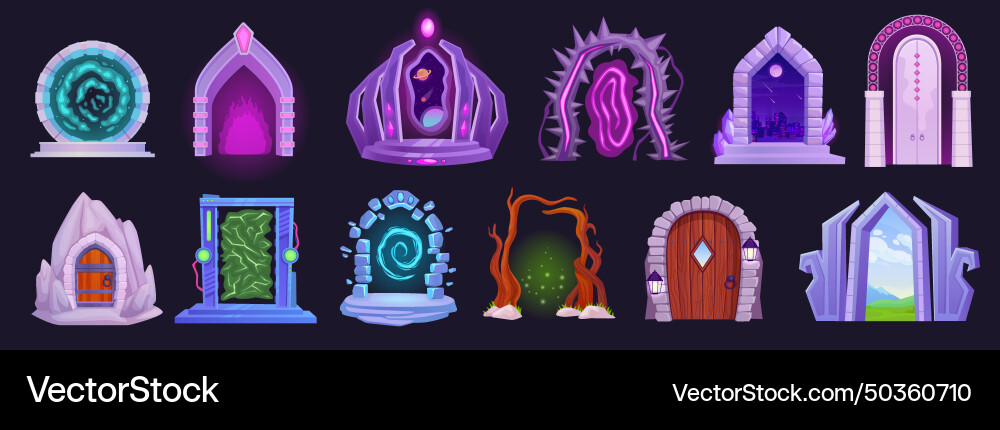 Cartoon magic doors wizard gate in mysterious Vector Image