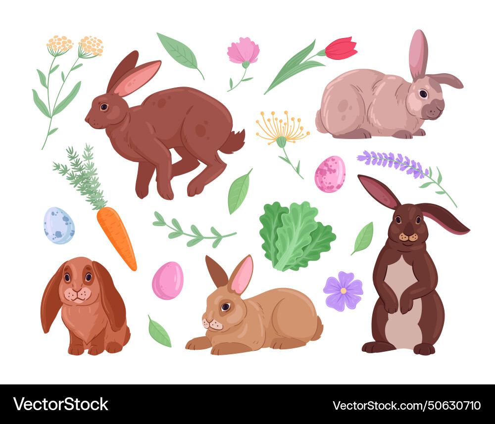 Cute spring rabbits fluffy easter bunnies Vector Image
