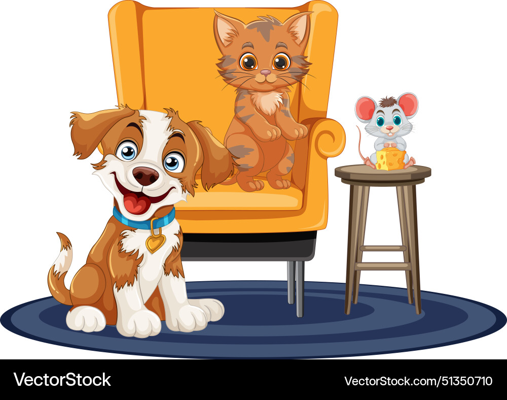 Dog cat and mouse in a cozy setting Royalty Free Vector